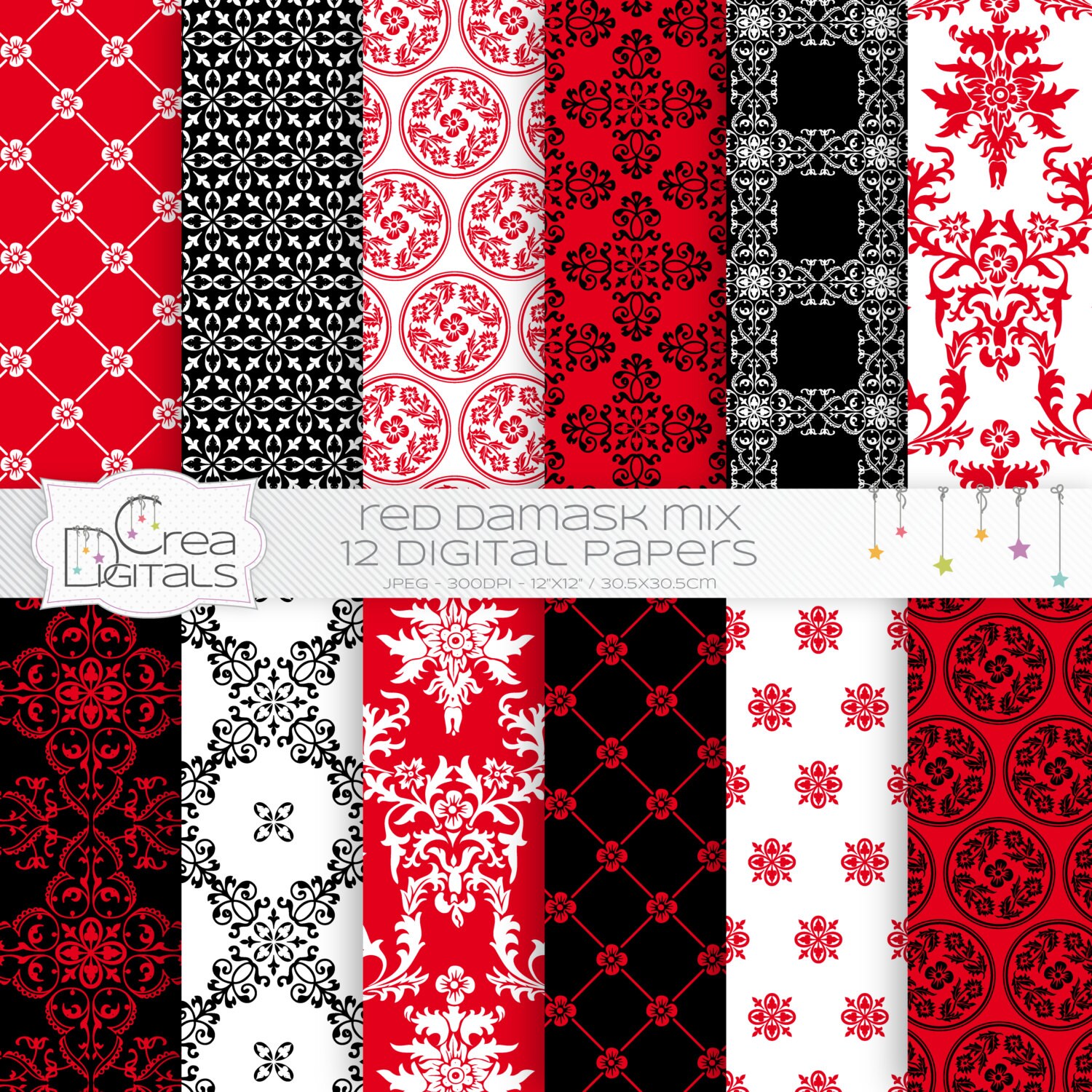 Red and black damask mix 12 digital papers DIRECT DOWNLOAD | Etsy