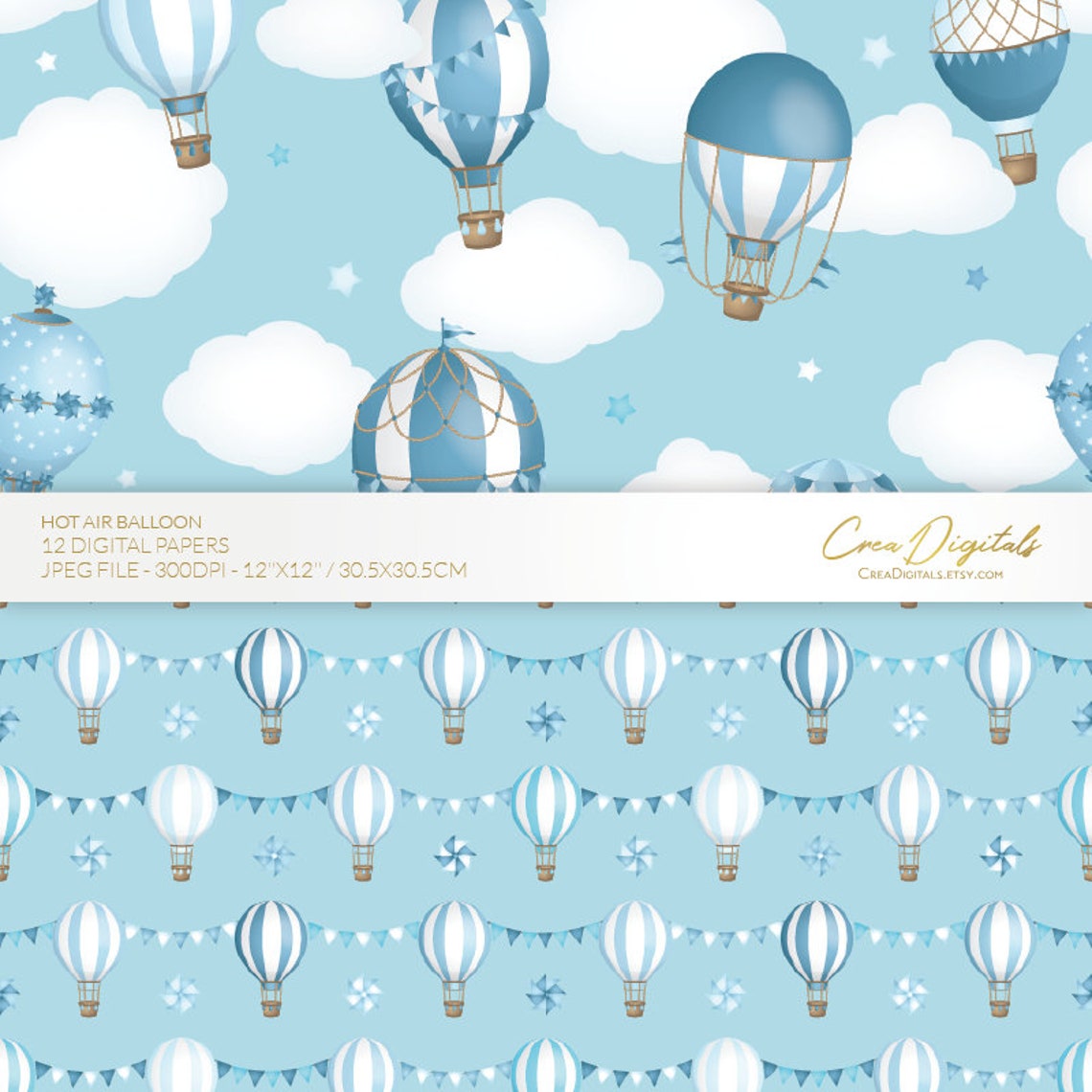 Hot Air Balloon Digital Paper Kite Clouds Bow Pinwheel - Etsy