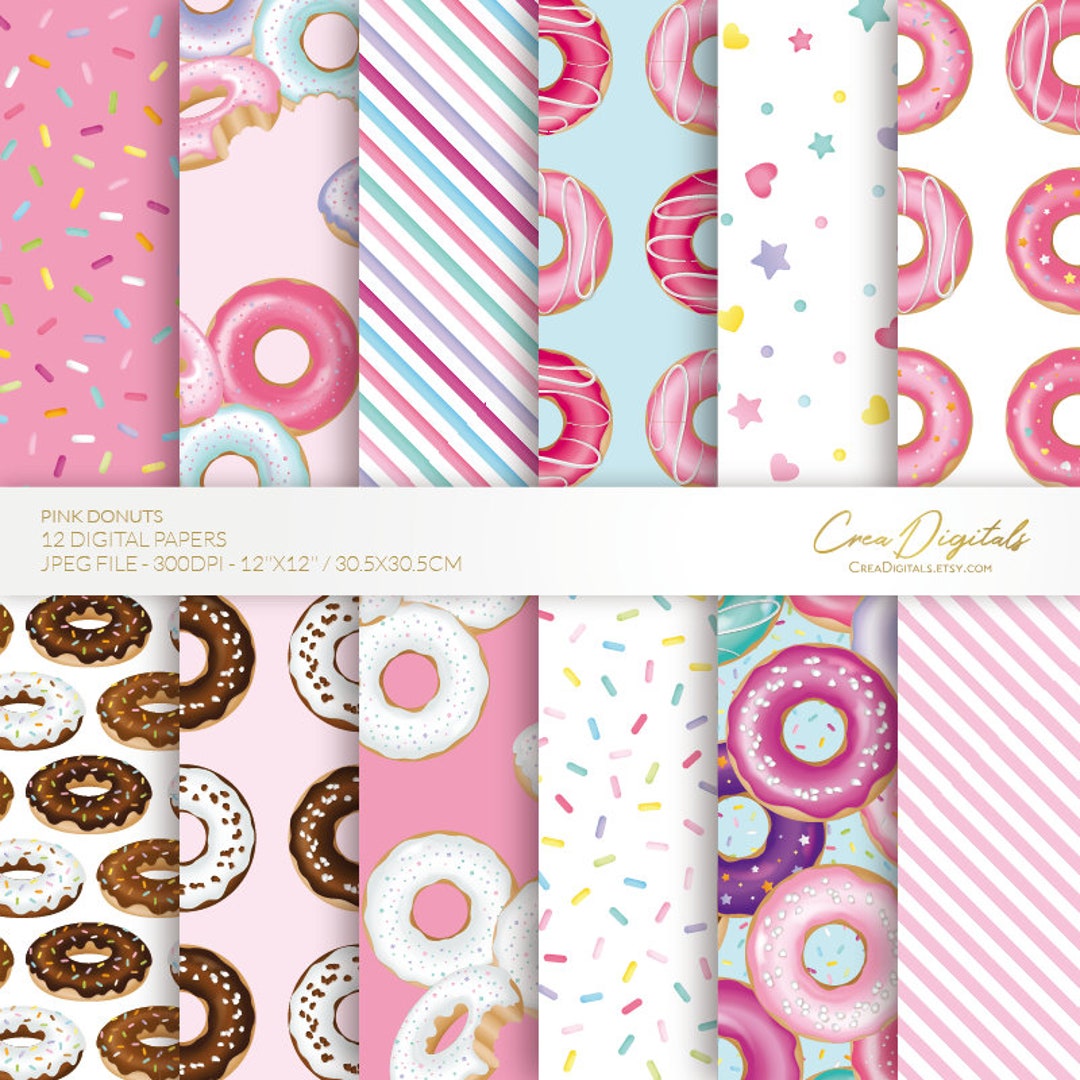 Donut Digital Papers, Pink Donuts Seamless Pattern, Doughnut Party, 12 ...
