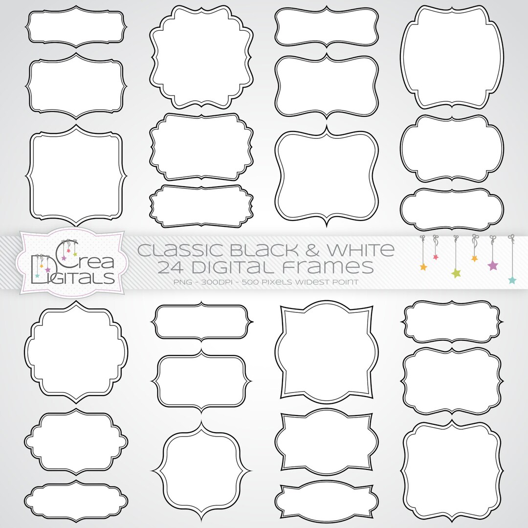 Classic White Frames With Black Outlines, 24 Digital Cliparts, INSTANT ...
