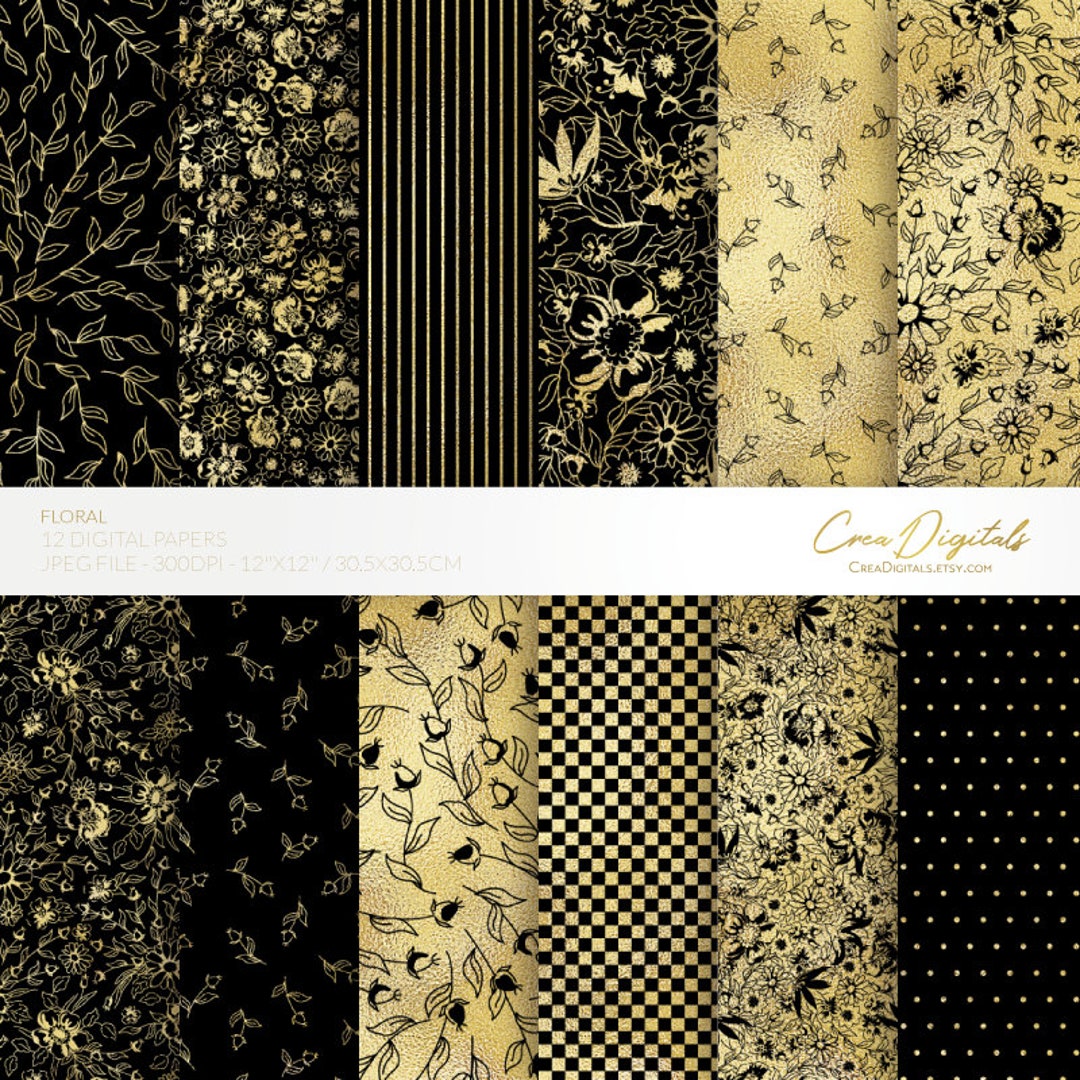 Floral Digital Paper, Black and Gold Seamless Pattern, Ditsy Flowers ...