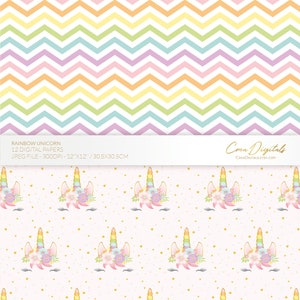 Unicorn Pastel Rainbow Papers, Gold Glitter Unicorn Seamless Pattern ...