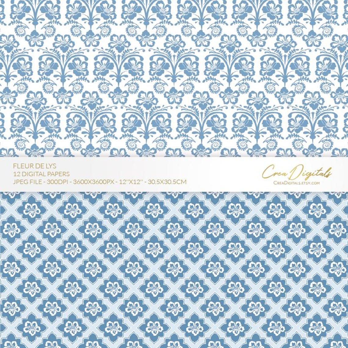 Fleur De Lys Digital Pattern, 12 Blue Printable Papers, Historical ...