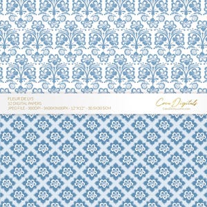 Fleur De Lys Digital Pattern, 12 Blue Printable Papers, Historical ...