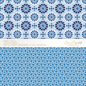 Arabic Pattern, Blue 12 Digital Paper Pack 1, Seamless Moroccan Pattern ...