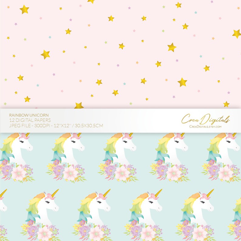 Unicorn Pastel Rainbow Papers, Gold Glitter Unicorn Seamless Pattern ...