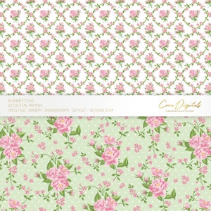 Shabby Chic Digital Paper, Mint Green and Pink Seamless Floral Pattern ...