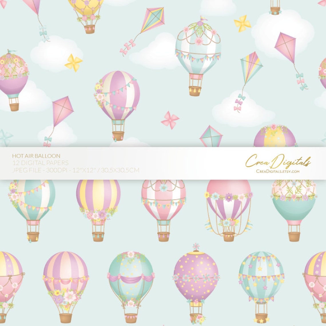 Hot Air Balloon Digital Paper Kite Clouds Bow Pinwheel - Etsy
