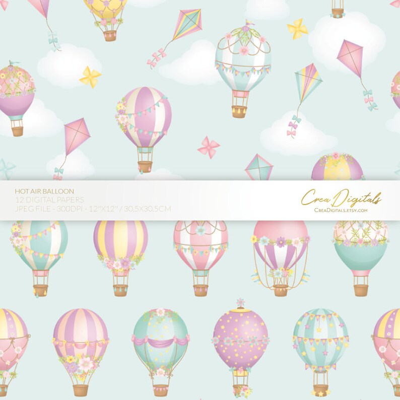 Hot Air Balloon Digital Paper, Kite, Clouds, Bow, Pinwheel, Stars, Pink ...