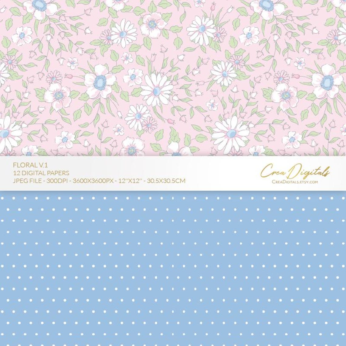 Floral Digital Paper, Baby Blue, Pink and Green Seamless Pattern, Ditsy ...