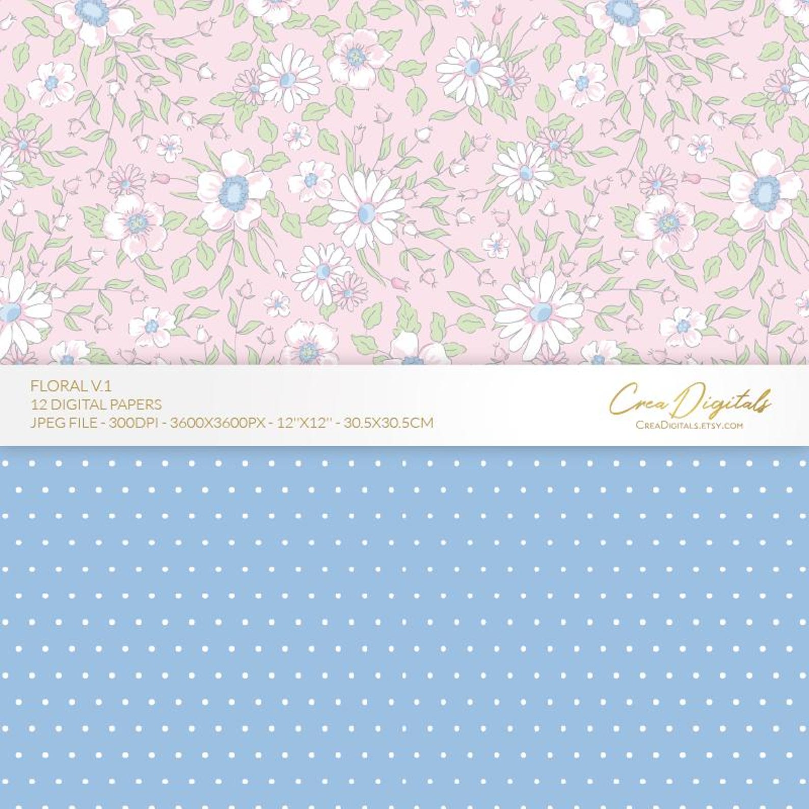 Floral Digital Paper, Baby Blue, Pink and Green Seamless Pattern, Ditsy ...