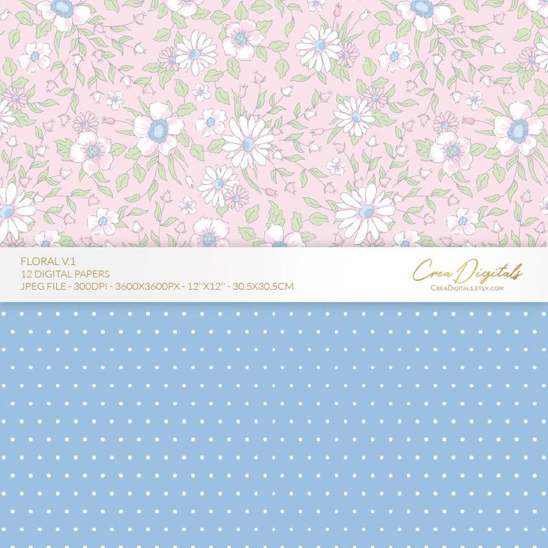 Floral Digital Paper, Baby Blue, Pink and Green Seamless Pattern, Ditsy ...