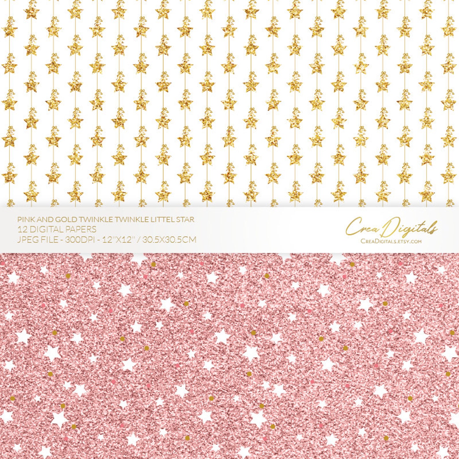 Pink and Gold Glitter Twinkle Little Star Digital Papers, INSTANT ...