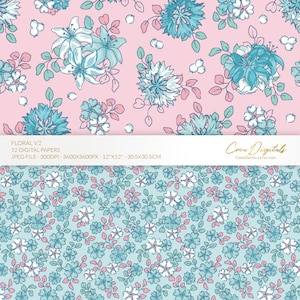 Floral Digital Paper, Blue, Aqua and Pink Seamless Pattern, Ditsy ...