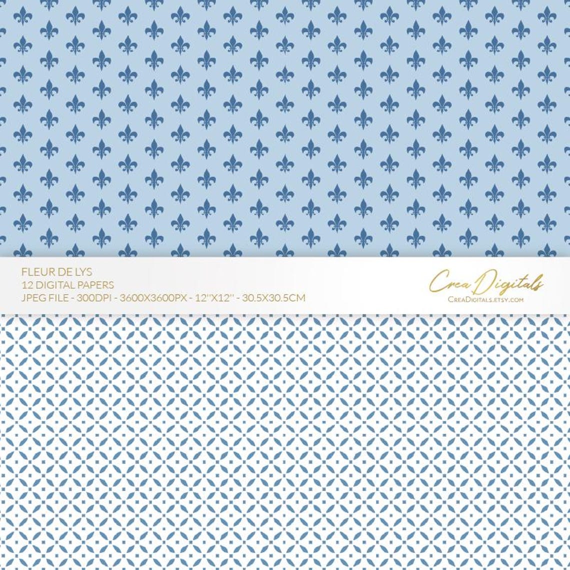 Fleur De Lys Digital Pattern, 12 Blue Printable Papers, Historical ...