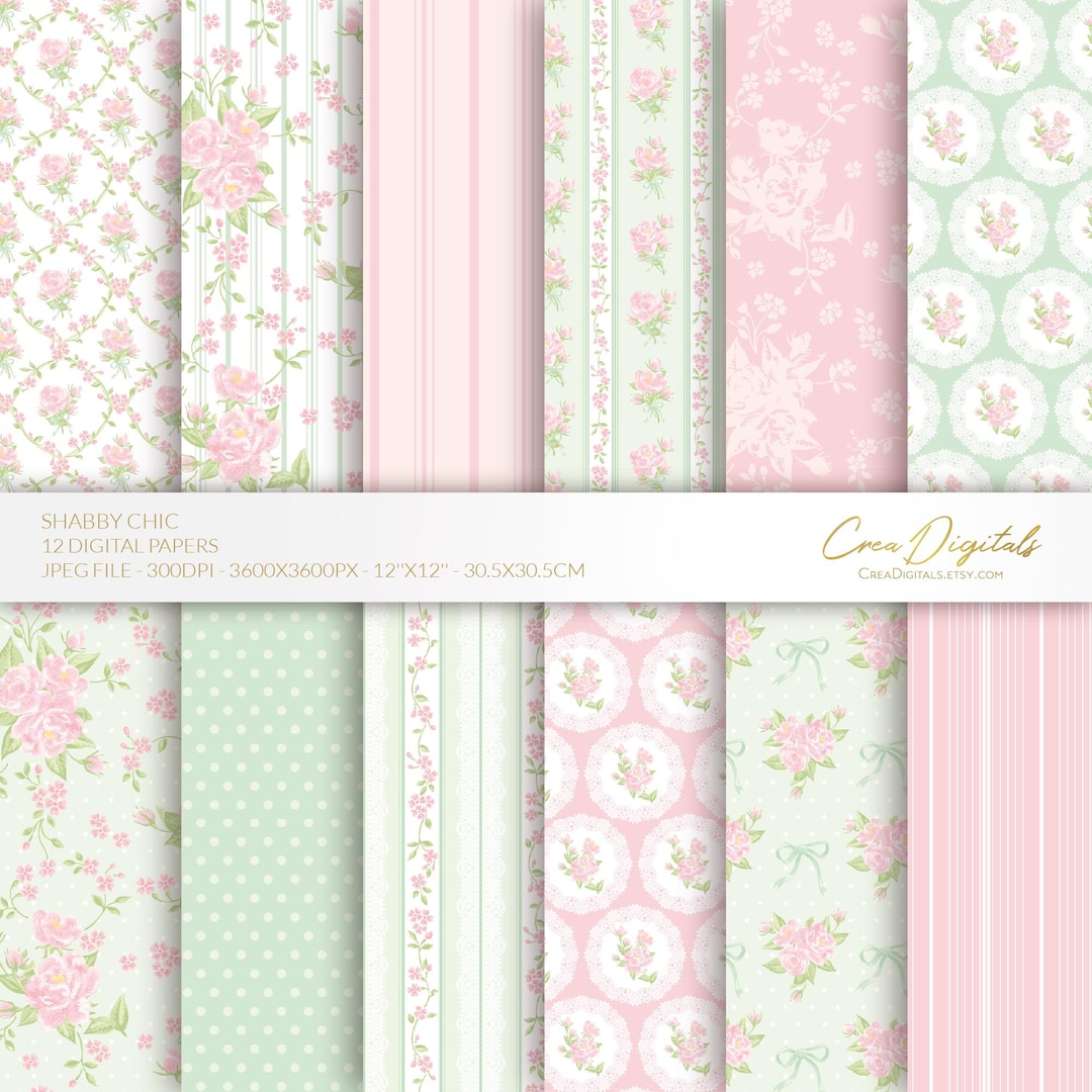 Shabby Chic Digital Paper, Mint Green and Pink Seamless Floral Pattern ...