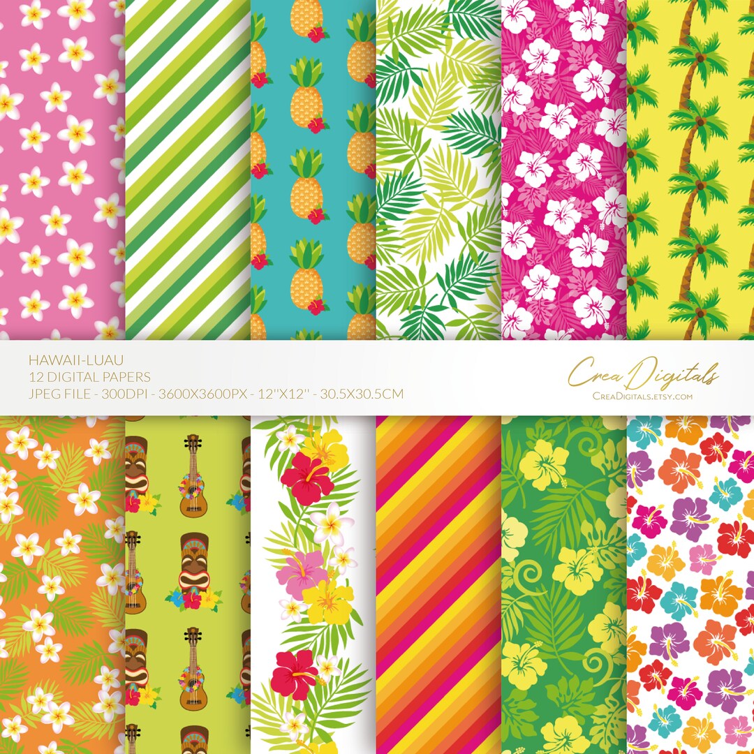 Hawaiian Luau Digital Paper, Tropical Hibiscus Seamless Pattern, 12 ...