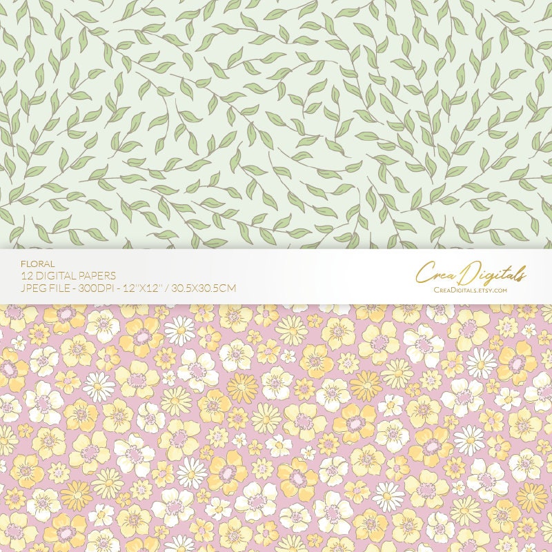 Floral Digital Paper Green Yellow and Pink Seamless Pattern - Etsy
