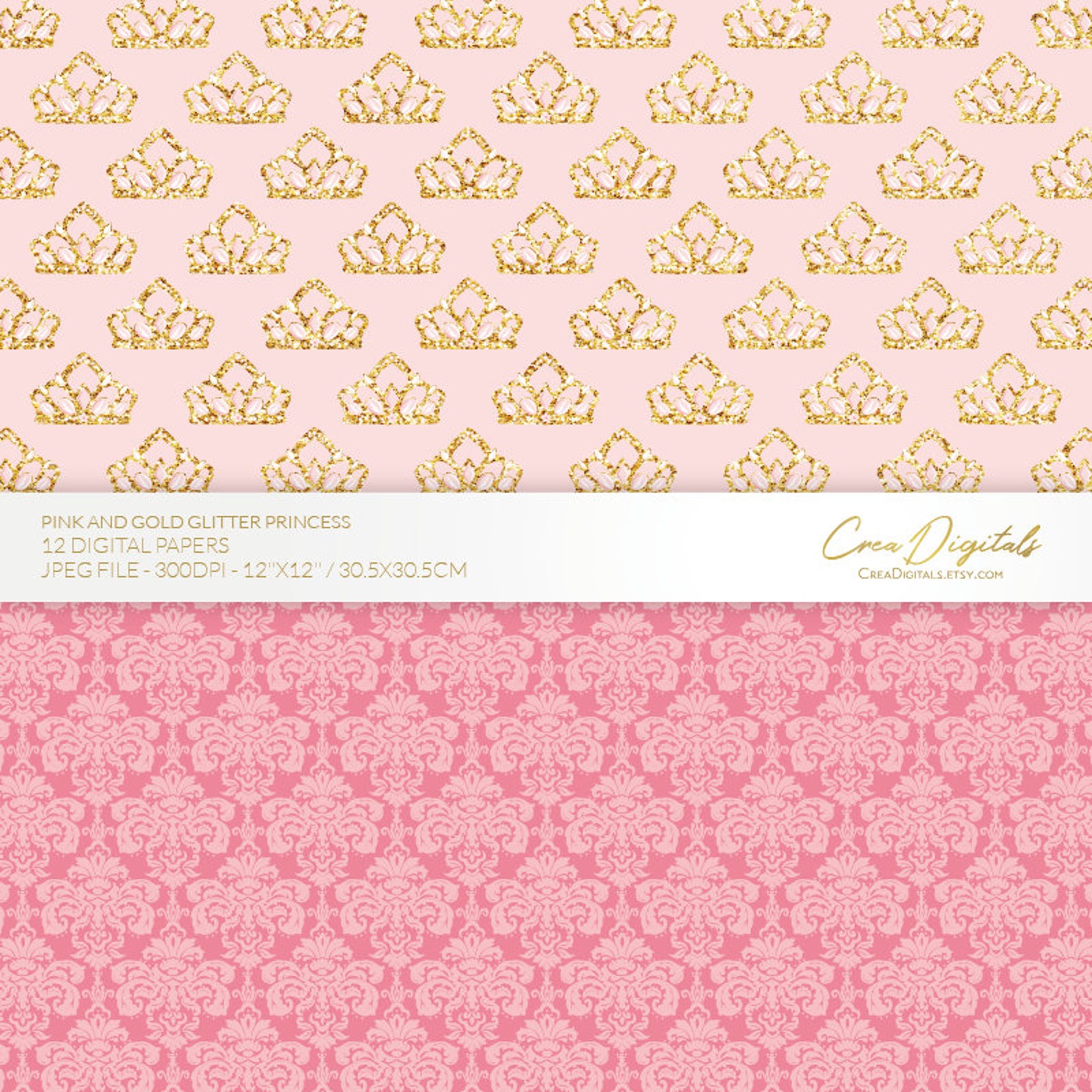 Glitter Fairy Princess, 12 Pink and Gold Digital Papers, INSTANT ...