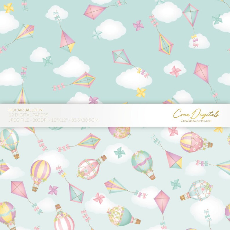 Hot Air Balloon Digital Paper, Kite, Clouds, Bow, Pinwheel, Stars, Pink ...