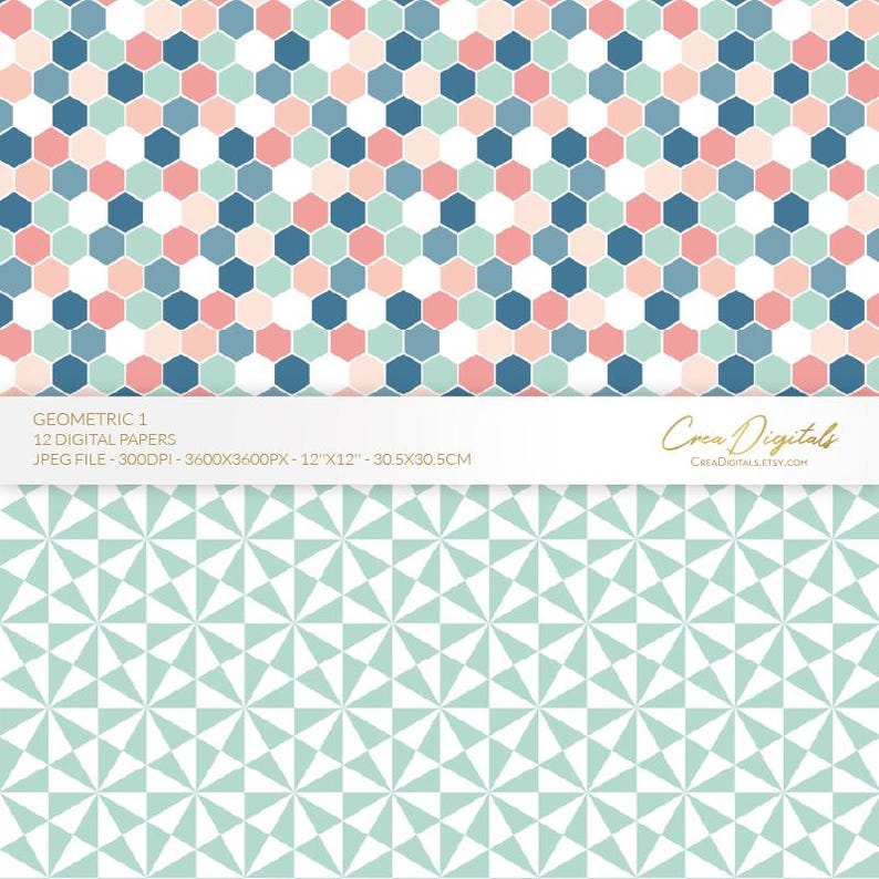 Geometric Digital Pattern, 12 Coral and Blue Printable Papers ...