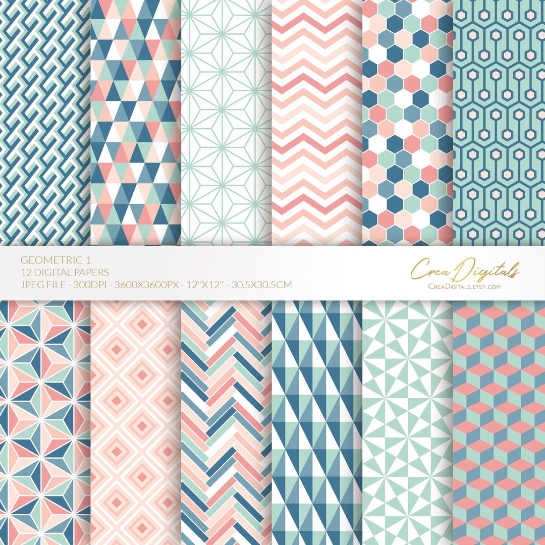 Geometric Digital Pattern, 12 Coral and Blue Printable Papers ...