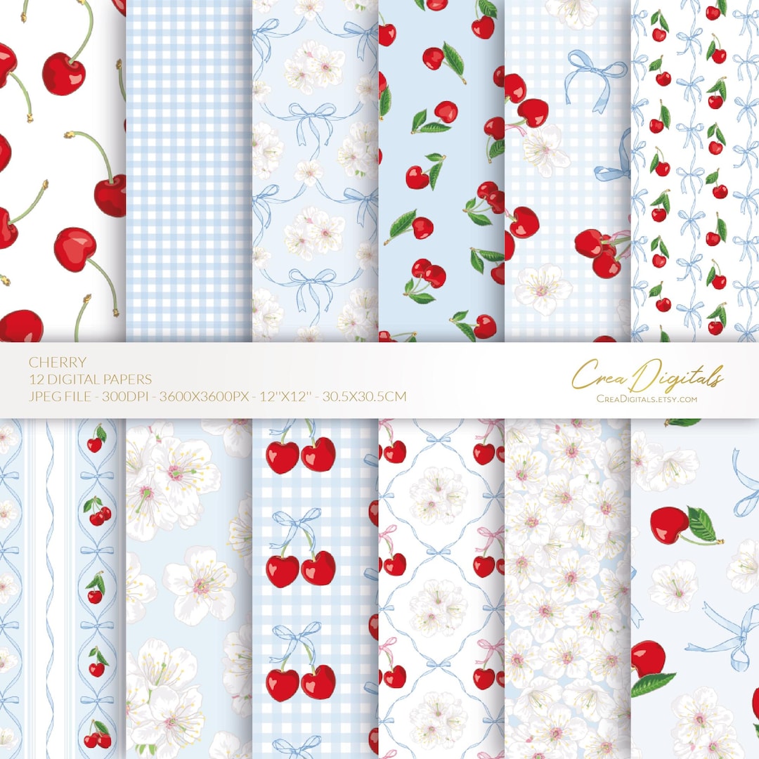 Cherry Digital Paper, Baby Blue and Red Seamless Floral Pattern, Bows ...