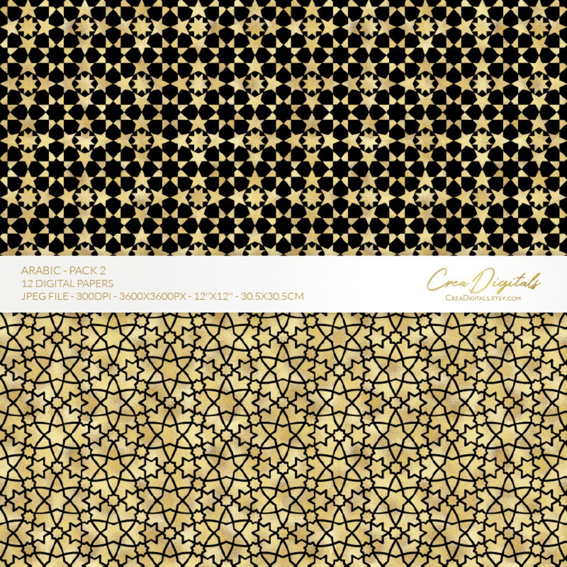 Arabic Pattern, Gold and Black 12 Digital Paper Pack 2, Seamless ...