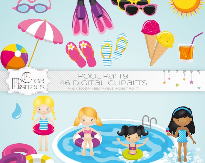Pool Party Kids, Happy Birthday, Girls Pool Party Clipart, Swim Kids ...