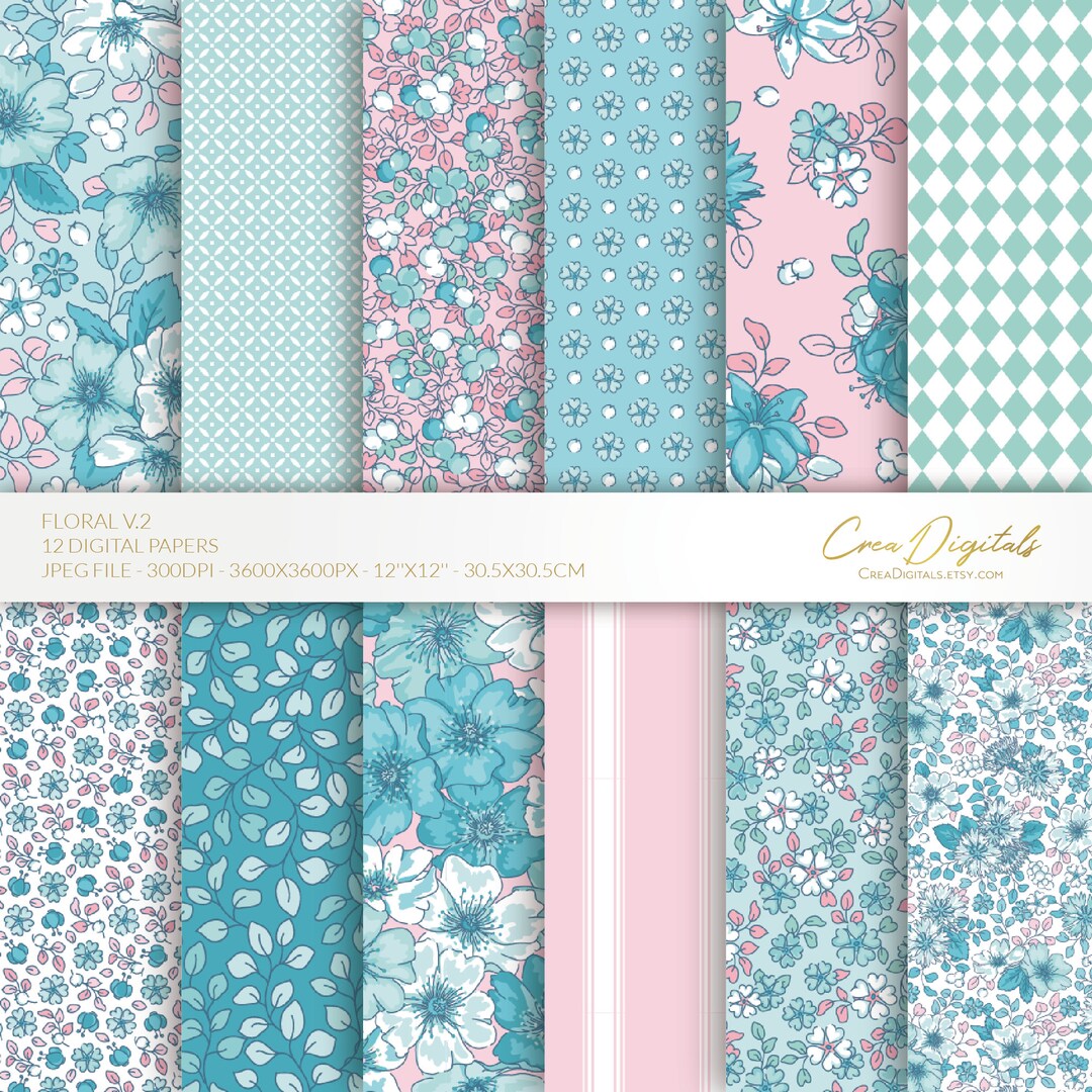 Floral Digital Paper, Blue, Aqua and Pink Seamless Pattern, Ditsy ...
