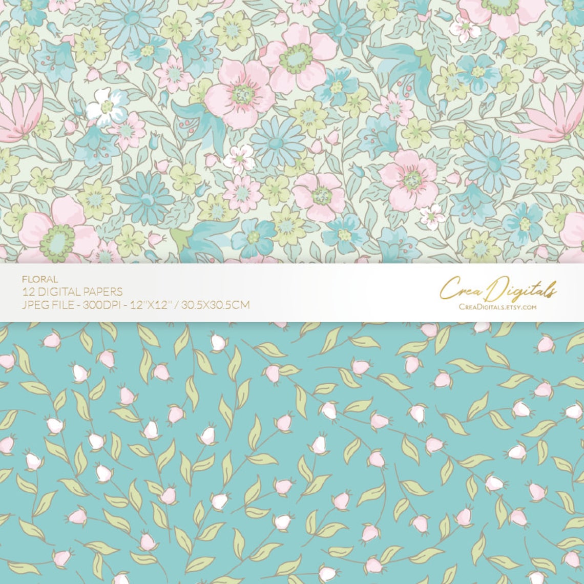 Floral Digital Paper, Turquoise, Pink and Green Seamless Pattern, Ditsy ...