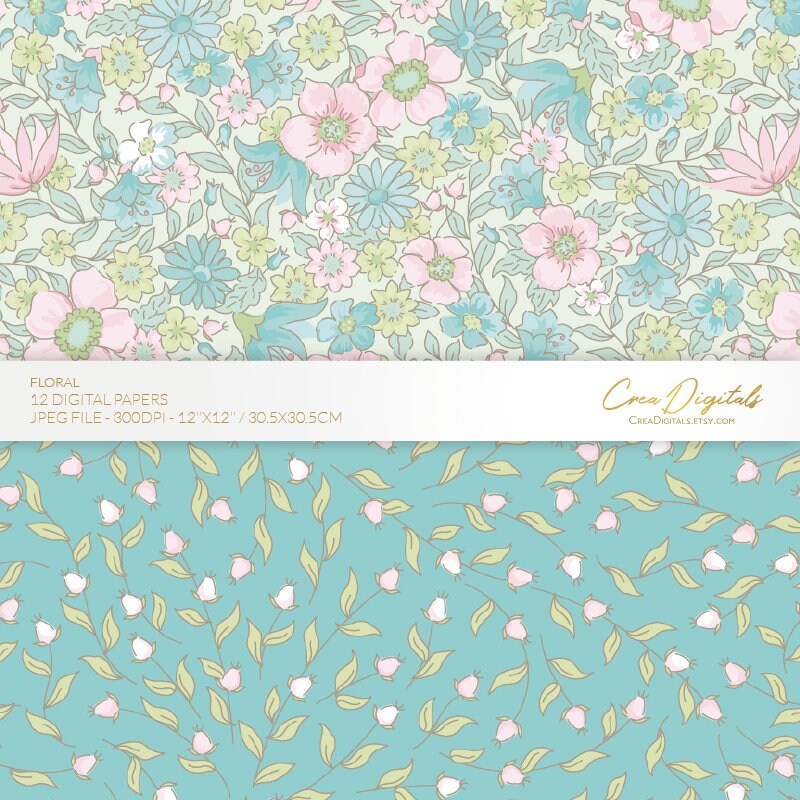 Floral Digital Paper, Turquoise, Pink and Green Seamless Pattern, Ditsy ...