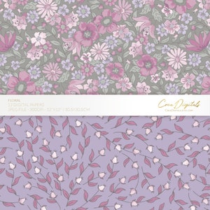 Floral Digital Paper, Lavender and Grey Seamless Pattern, Ditsy Flowers ...