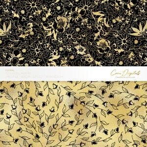 Floral Digital Paper, Black and Gold Seamless Pattern, Ditsy Flowers ...