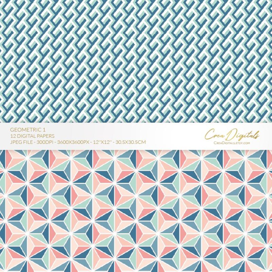Geometric Digital Pattern, 12 Coral and Blue Printable Papers ...