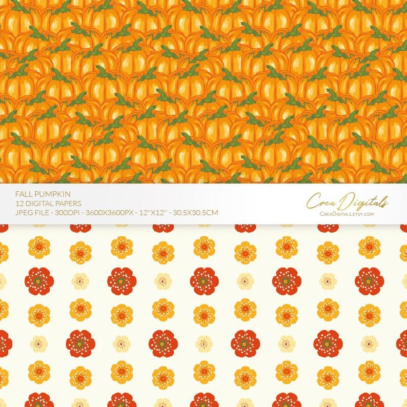 Pumpkin Digital Pattern, 12 Fall Printable Papers, Orange and Cream ...