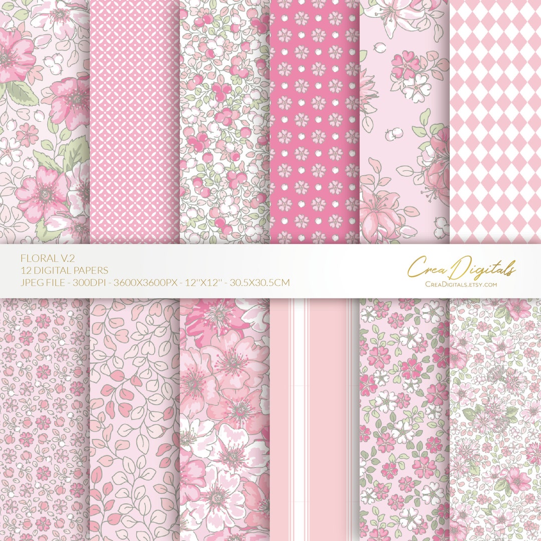 Floral Digital Paper, Pink Seamless Pattern, Ditsy Flowers, 12 Digital ...