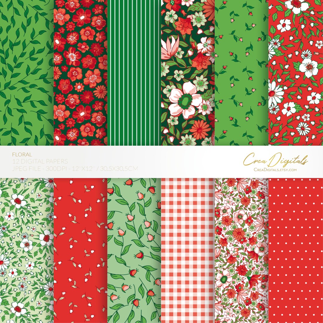 Floral Digital Paper, Red and Green Seamless Pattern, Ditsy Flowers, 12 ...