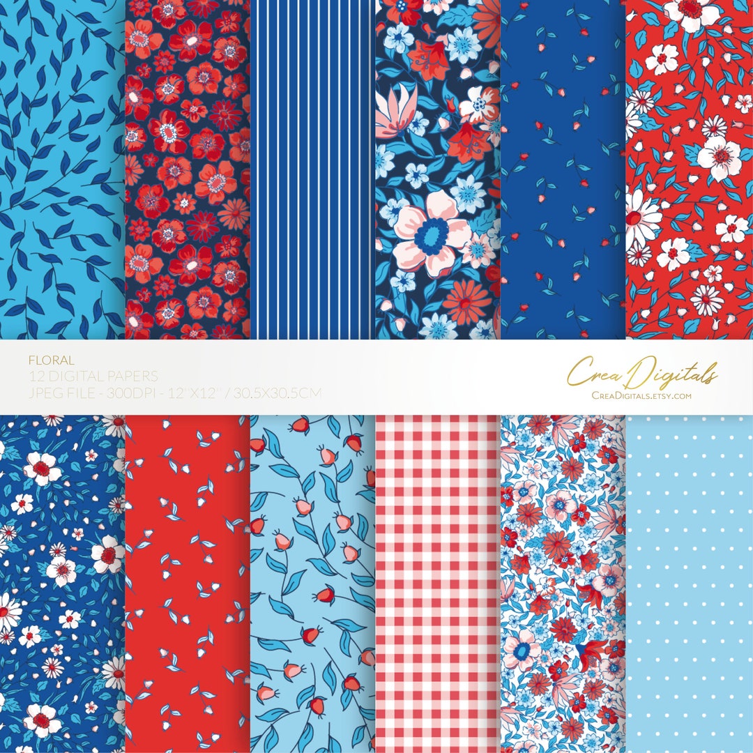 Floral Digital Paper, Red and Blue Seamless Pattern, Ditsy Flowers, 12 ...