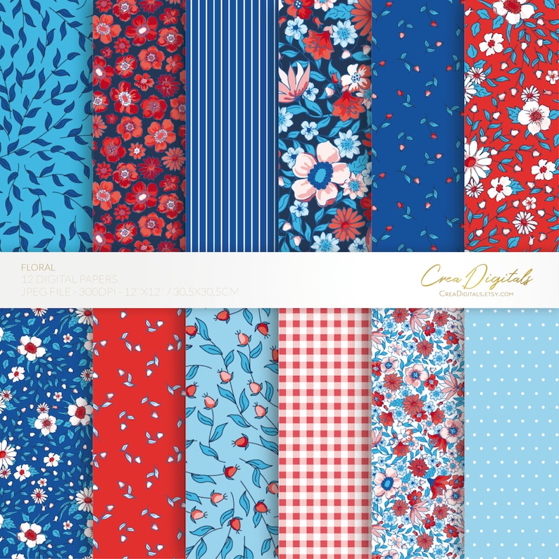 Floral Digital Paper, Red and Blue Seamless Pattern, Ditsy Flowers, 12 ...