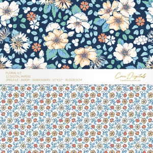 Floral Digital Paper, Navy, Coral and Yellow Seamless Pattern, Ditsy ...