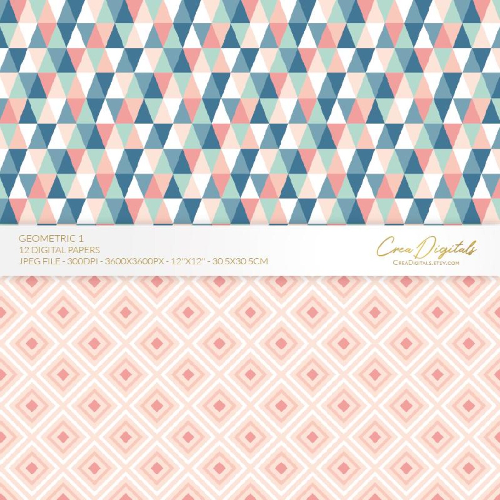 Geometric Digital Pattern, 12 Coral and Blue Printable Papers ...