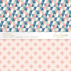 Geometric Digital Pattern, 12 Coral and Blue Printable Papers ...