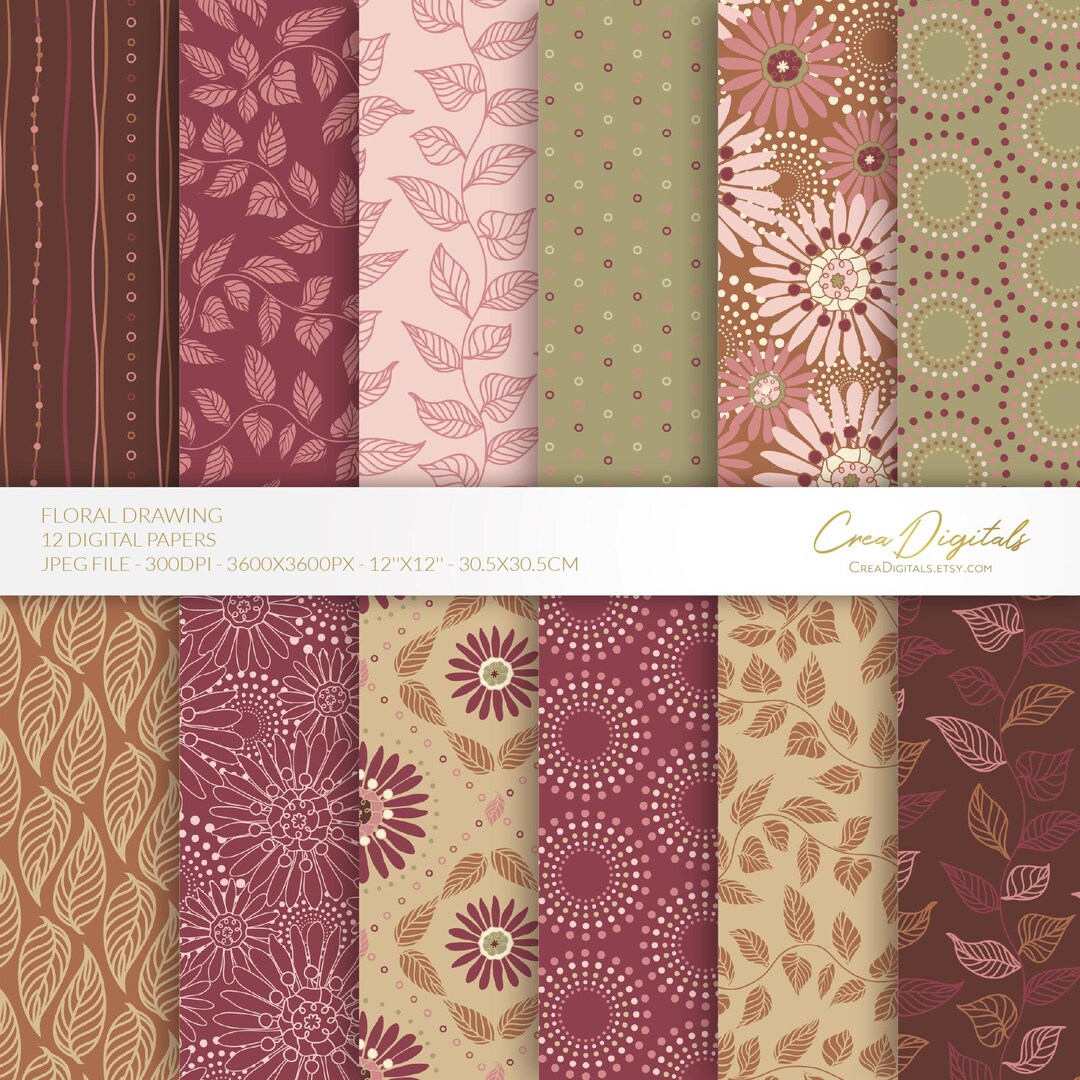 Hand-drawn Flowers Digital Paper, Burgundy, Pink, Kaky, Brown Seamless ...