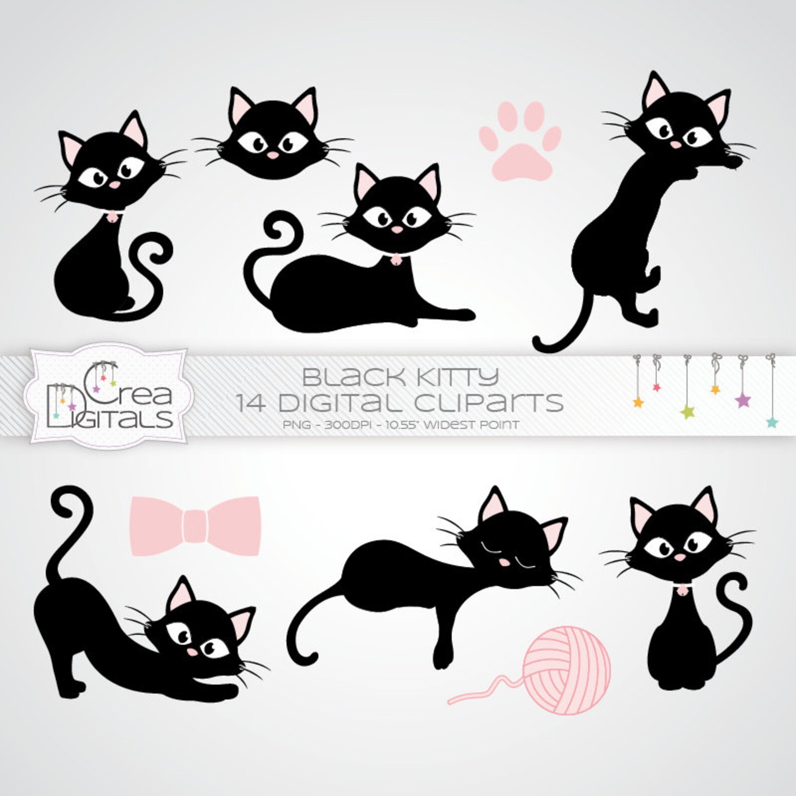 Kitty Cliparts, Black Cat Cliparts, 14 Digital Cliparts, INSTANT ...