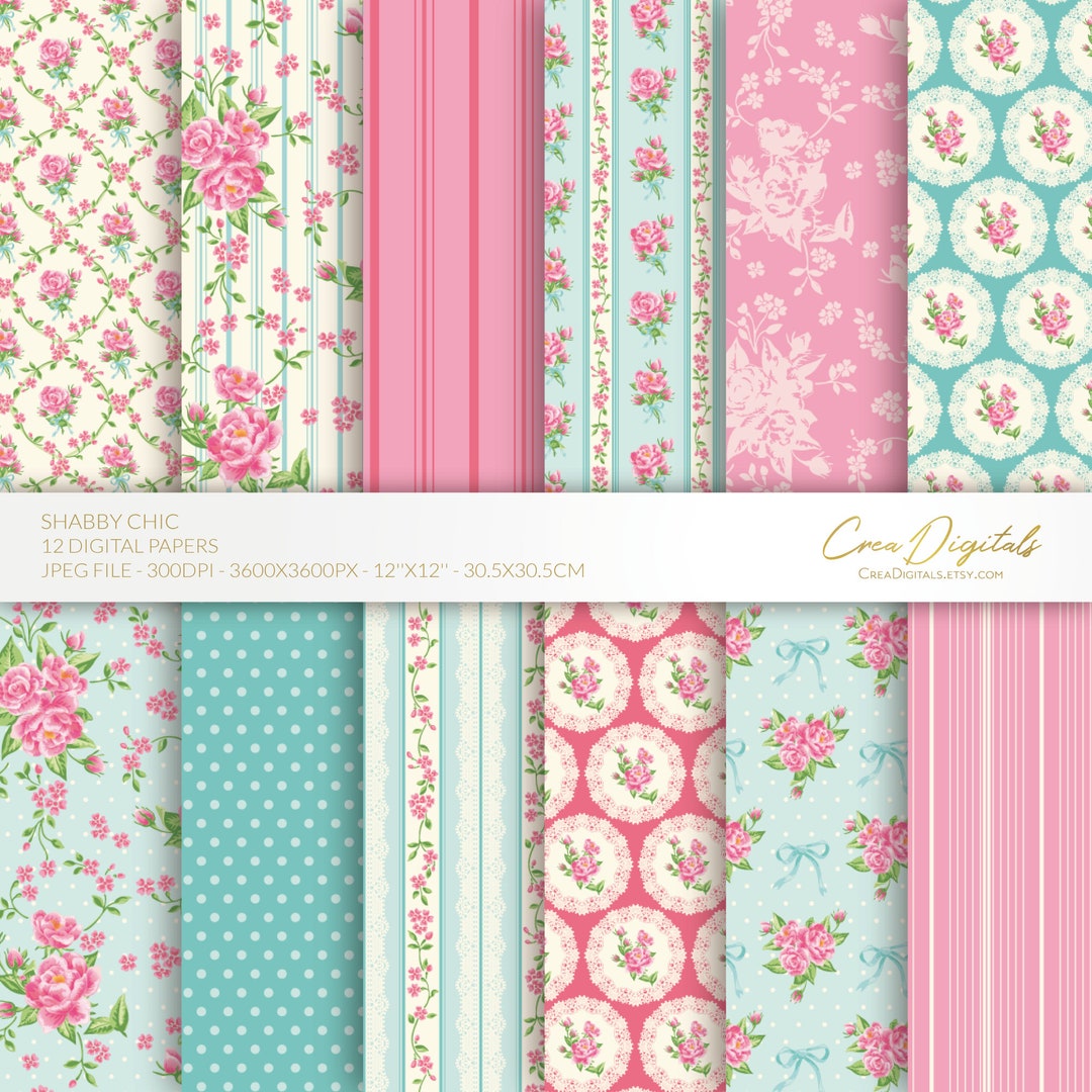 Shabby Chic Digital Paper, Turquoise and Pink Seamless Floral Pattern ...