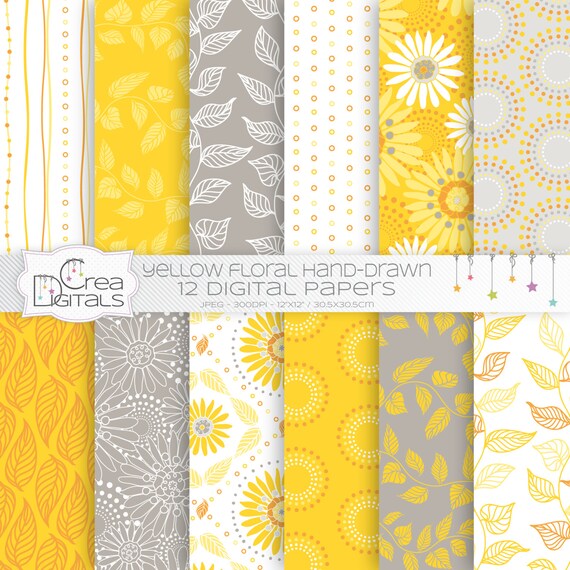 Yellow Hand-drawn Flowers Digital Papers INSTANT DOWNLOAD | Etsy