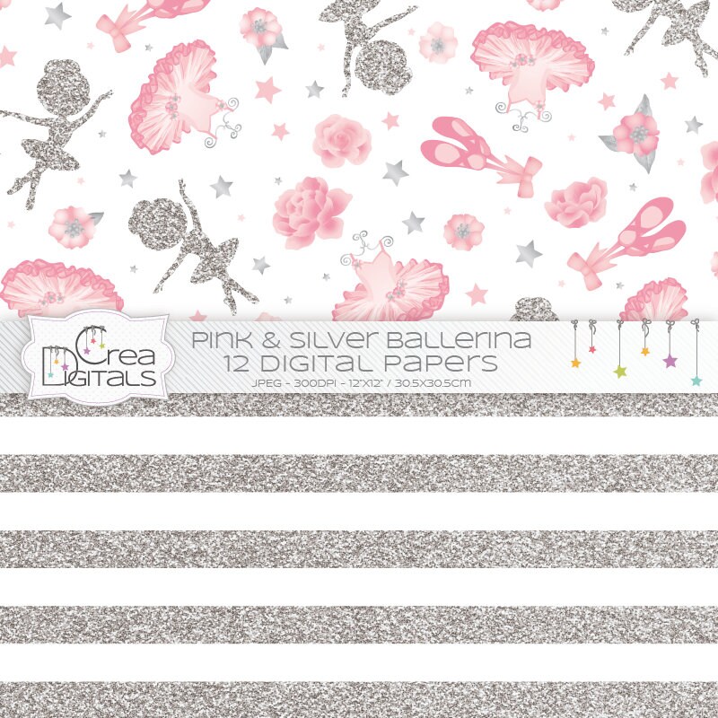 Ballerina, 12 Pink and Silver Digital Papers, Ballet and Tutu ...