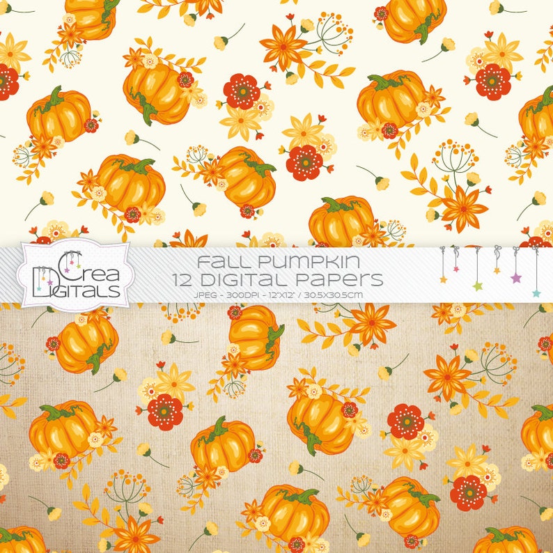 Fall orange pumpkin and flowers digital papers INSTANT | Etsy