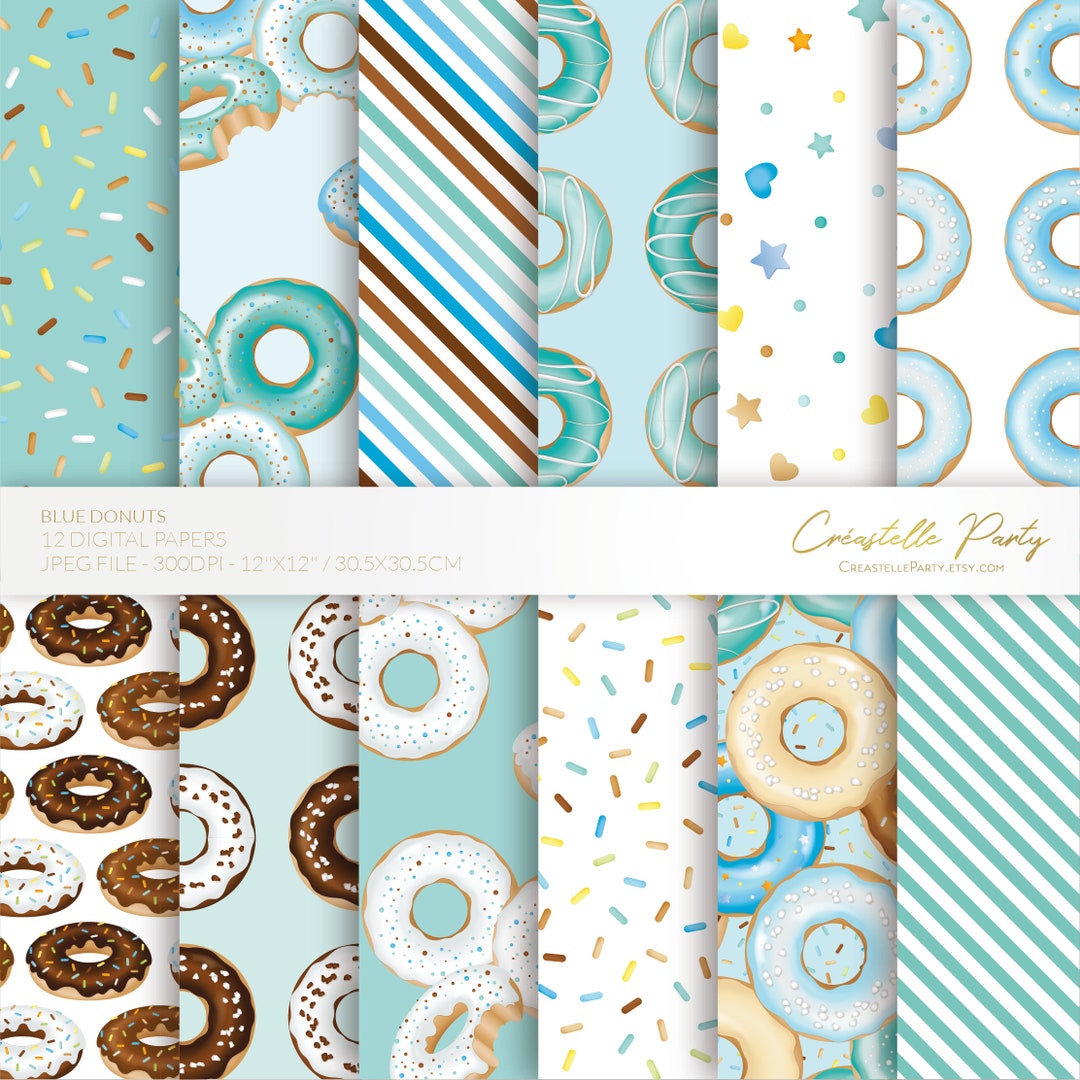 Donut Digital Papers, Blue Donuts Seamless Pattern, Doughnut Party, 12 ...